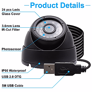 Hotpet 2MP USB Camera H.264 1080P Webcam Day Night Vision Indoor Outdoor Dome Camera 0.01LUX Low Illumination Home Security Camera with 24pcs IR LED for Windows Mac Linux Android