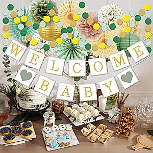Sage Green Baby Shower Decorations Welcome Baby Banner Olive Green Gold Tissue Pom Poms, Paper Flower, Paper Lanterns, for Boy Girl Neutral Gender Reveal Baby Shower Decor