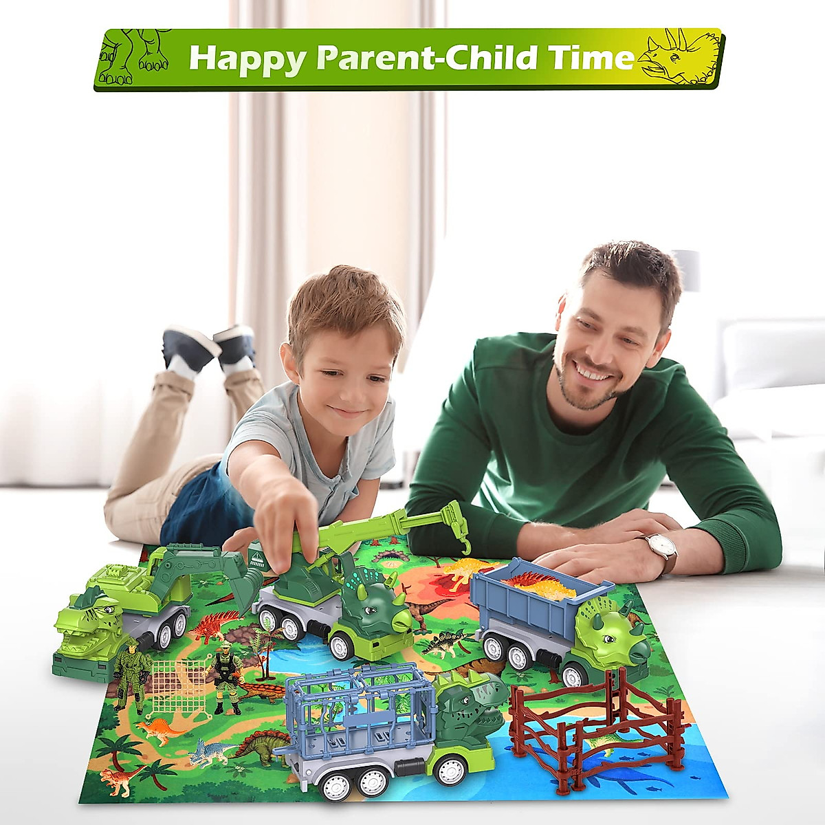 Yoocaa Dinosaur Toys for Kids | Dinosaur Monster Truck with Roaring Sounds | Construction Vehicles Toys Cars Playset with Playmat | Educational Toys Gifts for Boys Toddler 3,4,5,6 Years Old (24 Pcs)