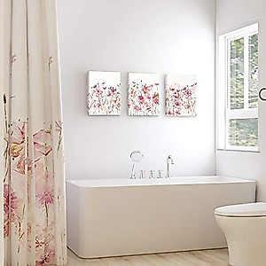 SUMGAR Pink Flower Wall Art Bedroom 3 Piece Romantic Floral Wildflower Plants Nature Scenery Canvas Prints Contemporary Red Bloom Pictures for Teen Girl Room Living Room Bathroom, 12 x 16 inch