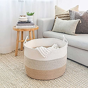 OrganiHaus Woven Baskets for Storage | Modern Boho Laundry Basket | Cotton Rope Blanket Basket for Living Room | Extra Large Storage Basket for Kids | Laundry Hamper & Blanket Holder - Honey (20x13)