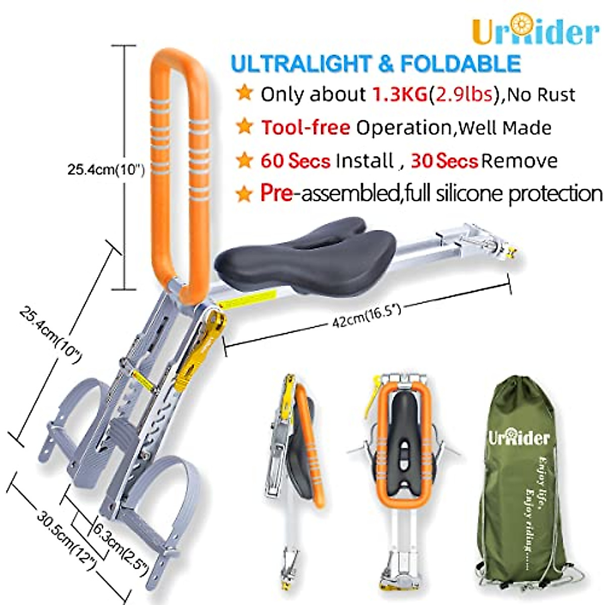 UrRider Child Bike Seat, Front Mount Kids Bike Seat,Fit Mountain Bikes, Cruiser Bikes, Folding Bikes, Ultra Light,Portable, Tool-Free, Quick-Release,Toddler Bike Seat for Baby 2-6 Years(up to 60lbs)