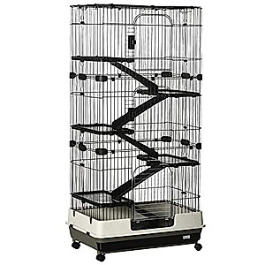 PawHut 60" Small Animal Cage with Wheels, 6-Level Portable Bunny Cage, Chinchilla Ferret Cage with Removable Tray, Platforms and Ramps, Black