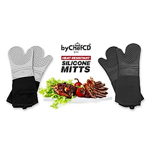Extra Long Silicone Oven Mitts - Silicone Mitts, Heat Resistant Mitts, Non-Slip Professional Cooking Mitts, Kitchen Potholders and Oven Mitts, Heat Resistant Grill Gloves, Oven Mitts (Black, X-Long)
