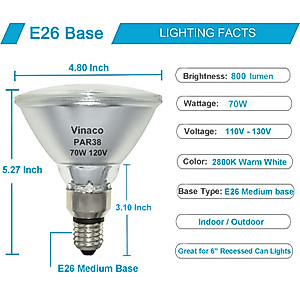Vinaco PAR38 Flood Light，4 Pack PAR38 Halogen Flood Light Dimmable 70W 120V， High Brightness 800LM, PAR38 Bulb with E26 Base,2800K Warm White Ideal for Indoor/Outdoor