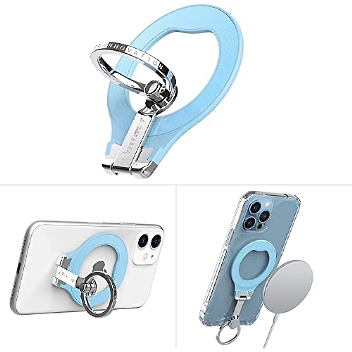 [3-in-1] Cell Phone Ring Holder Stand, 360 Degree Rotation Finger Ring Kickstand with [2X Nylon Phone Lanyard],Compatible with iPhone 13 12 11, Galaxy, Google Pixel and Other Android Phone, Blue