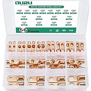OURU 56PCS Battery Cable Lugs Kit,AWG 8 6 4 2 Gauge Heavy Duty Copper Wire Lugs Battery Cable Ends Terminals Connectors,Bare Copper Eyelet Ring Terminal