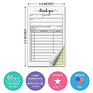 321Done Thank You Receipt Book, 3.4x5.5 Handheld 2-Part Carbonless, Made in USA, Carbon Duplicate Copy Sales Order Form, Invoice Pad, Cute Convenient for Small Boutique Business (50 Sets) White/Yellow