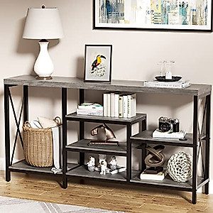 LGHM Industrial Console Tables, Entryway Table, 55 Inch Sofa Tables Narrow Long, Hallway Table/Bookshelf with Storage Shelves, for Entryway, Living Room, Couch, Grey Wash
