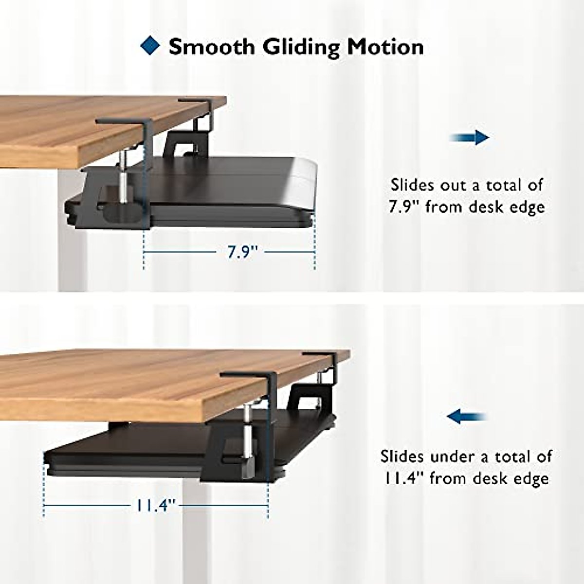 BONTEC Keyboard Tray Under Desk, Pull Out Keyboard & Mouse Tray with C Clamp, 25.6“(30” Including Clamps) x 11.8“ Steady Slide-Out Computer Drawer for Typing, Perfect for Home or Office