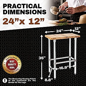 DuraSteel US Maple Top Work Table - 24 x 12 x 35 Inch Commercial Butcher Block Wooden Workbench with Open Base Stabilizing Leg Cross Braces - Fits Restaurant, Warehouse, Home, Kitchen, Garage