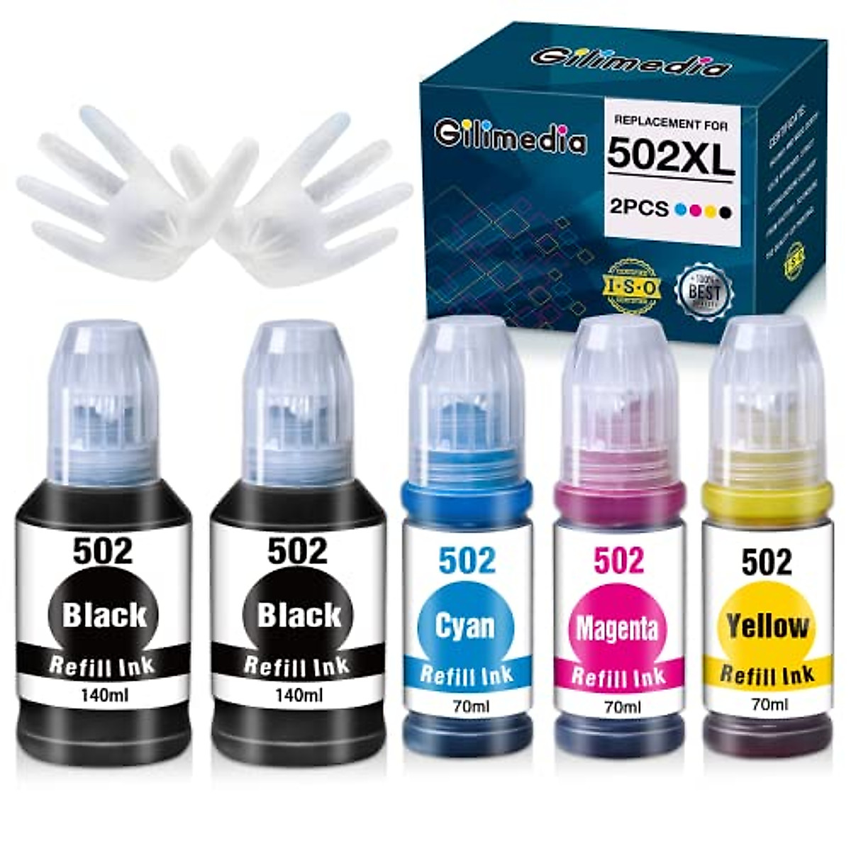 GILIMEDIA Compatible Ink Bottle Replacement for Epson 502 Refill | for Ecotank ET-4760 ET-2760 ET-2750 ET-3760 ET-3750 ET-4750 ET-3830 ET-2850 ST-2000 Printer, 5 Packs(2 Black/Cyan/Magenta/Yellow)