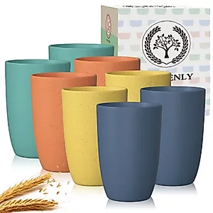 Homienly Wheat Straw Cups 8 PCS Plastic Cups Unbreakable Drinking Cup Reusable Dishwasher Safe Water Glasses with 4 Colors (12 OZ)