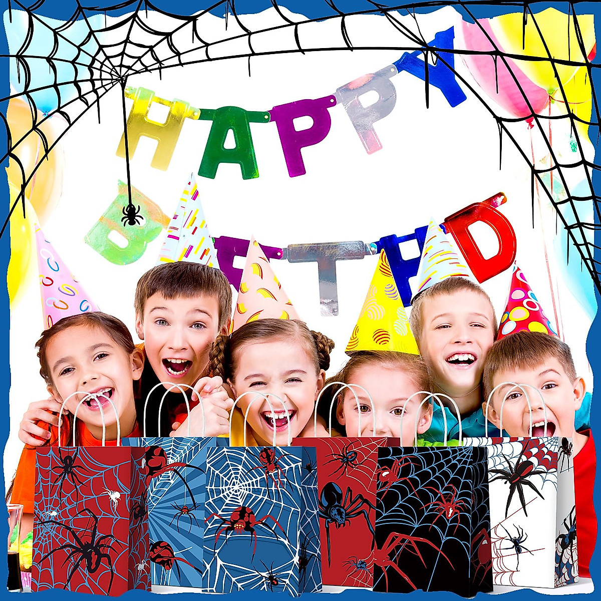Epakh 24 Pcs Spider Party Favors Bags with Handles Spider Birthday Party Decorations Double Sided Spider Web Printed Goodie Candy Bags for Kids Boys Spider Party Favors(Black, Red, blue,Classic)