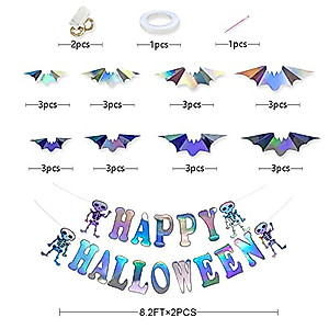 Happy Halloween Banner Sign Iridescent Skull Hanging Bunting with 3D Bat Wall Decal Sticker in Holographic Black Silver with LED String Light for Halloween All Hallows Eve Birthday Party Decorations