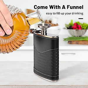 LHD HOME Hip Flasks for Men Leather Hip Flask Gift Set,Hip Flask 304 Stainless Steel Flask Set w/Funnel Shot Glasses Gift for Whiskey Rum Groomsman Best Man Usher Wedding-Leather Stripe Black-8oz