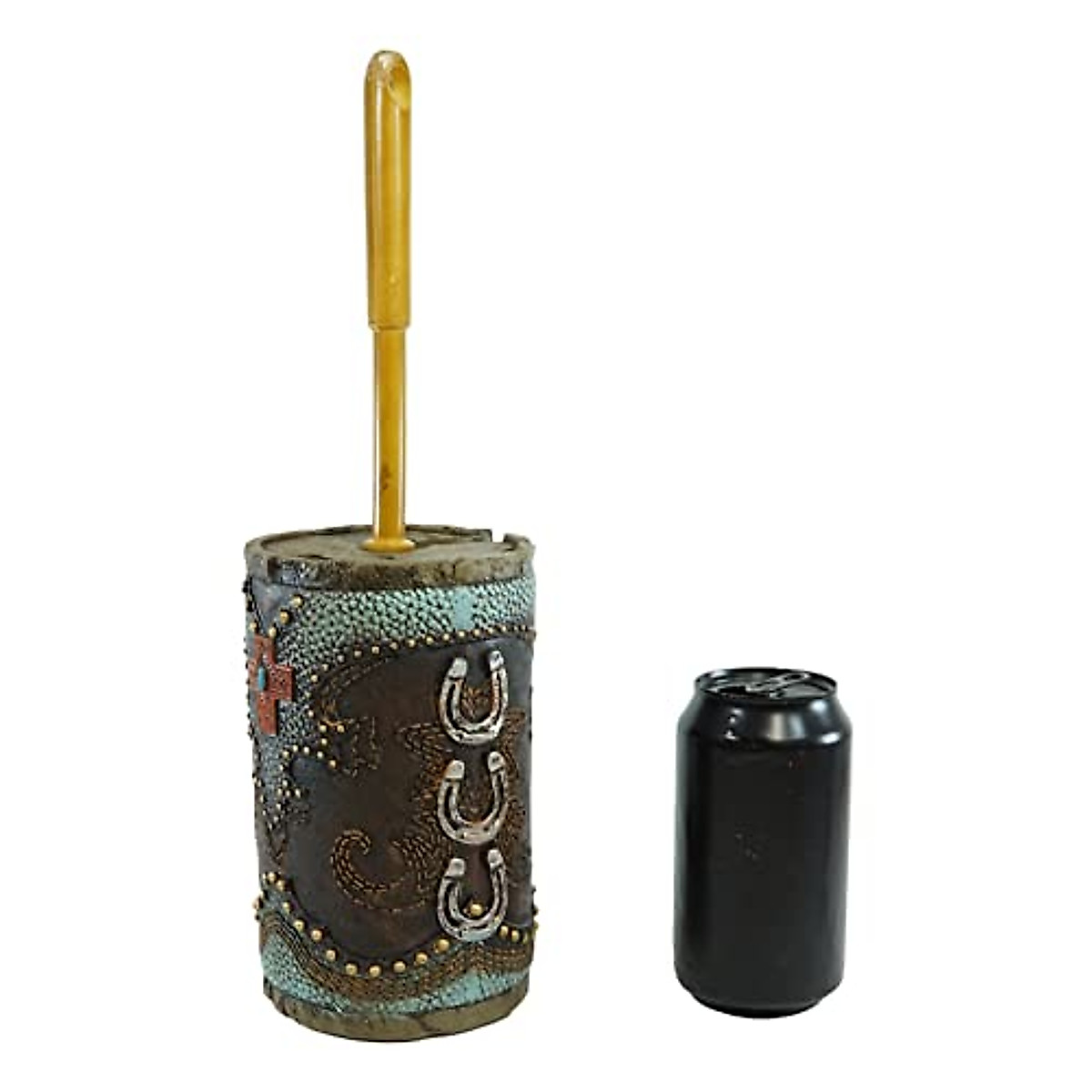 Ebros Gift Rustic Vintage Western Turquoise Faux Tooled Leather Triple Horseshoes and Cross Cowboy Toilet Bowl Cleaner Brush and Base Holder Set Bathroom Vanity Powder Room Office Accessory