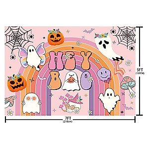 MEHOFOND 7x5ft Halloween Baby Shower Backdrop Pink Hey Boo Kids Birthday Bash Banner Cute Ghost Retro Groovy Rainbow Birthday Party Decorations Background Halloween Baby Shower Decorations Banner