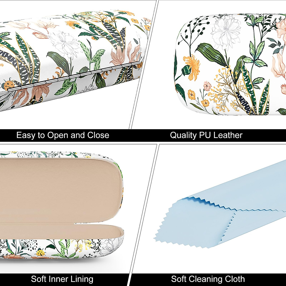 NPOOYI Eyeglasses Case, Hard Shell Protective Case for Glasses, Unisex for Women Men, Glass Case with Cleaning Cloth, Colorful Small Flowers
