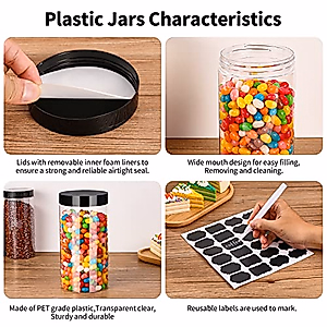 PLastic jars with lids 32 OZ & 16 OZ 24 PACK，Eiark Clear Plastic Storage Jars Containers with Airtight Black Plastic Screw On Lids Cylinder Large Round Jars Easy Clean for Household and Kitchen