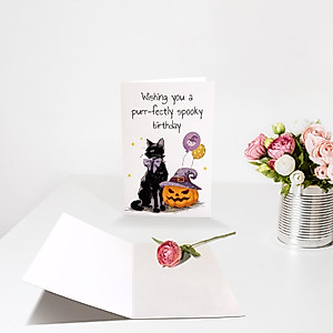 Chenive Creepy Black Cat Birthday Card, Funny Halloween Birthday Card for Him Her, October Birthday Card for Men Women, Wishing You A Purr-fectly Spooky Birthday Pun Card