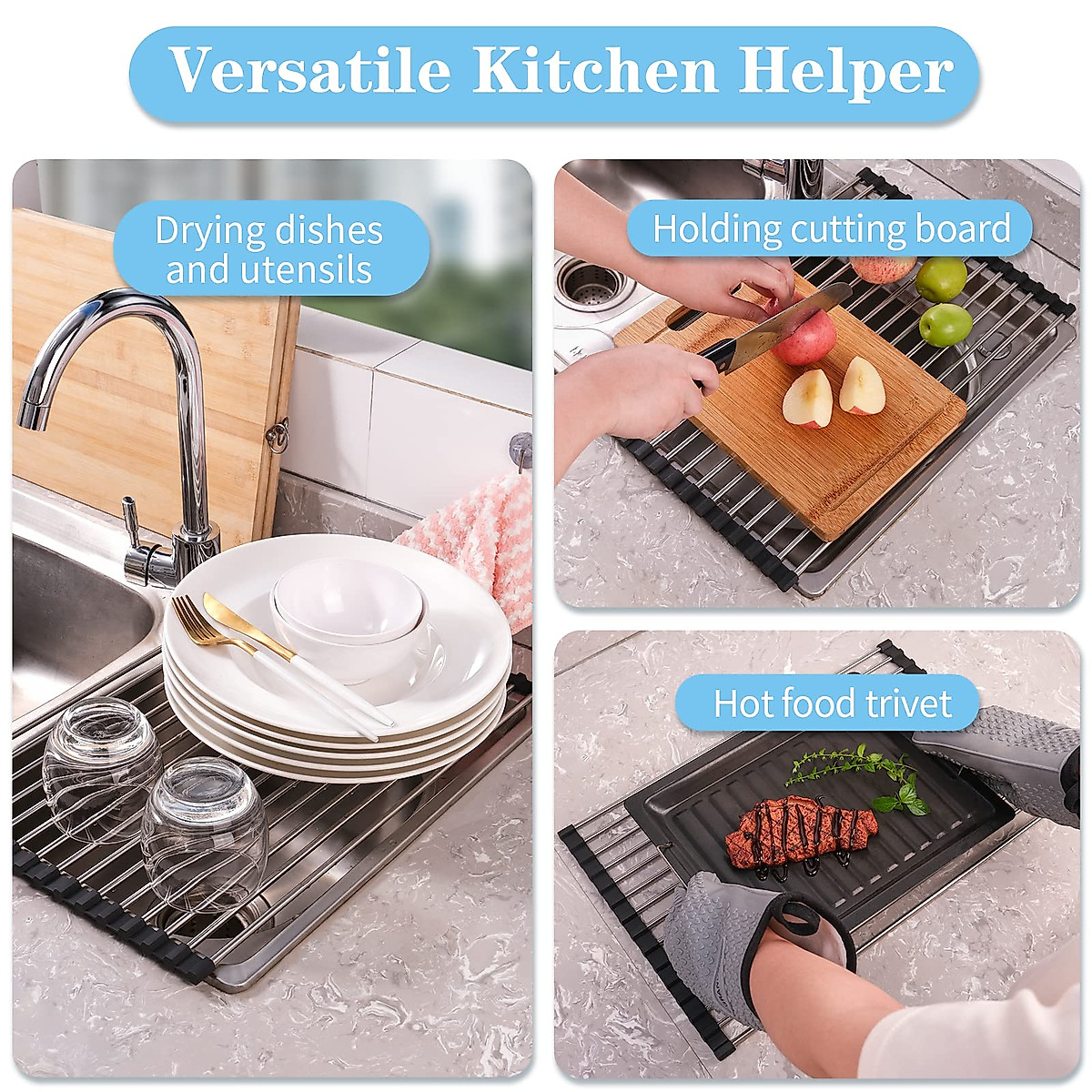 Seropy Roll Up Dish Drying Rack Over The Sink Drying Rack for Kitchen Counter, Rolling Dish Rack over Sink Mat, Foldable Dish Drainer Stainless Steel Sink Rack Kitchen Organization Gadgets