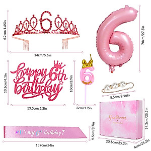 Llivseet 6th Pink Birthday Decorations Girl Includes Birthday Sash and Tiara Crown for Girls,Number Balloon & Candle,Birthday Cake Topper, 6 Year Old Girl Birthday Gifts Ideas Party Favor Supplies