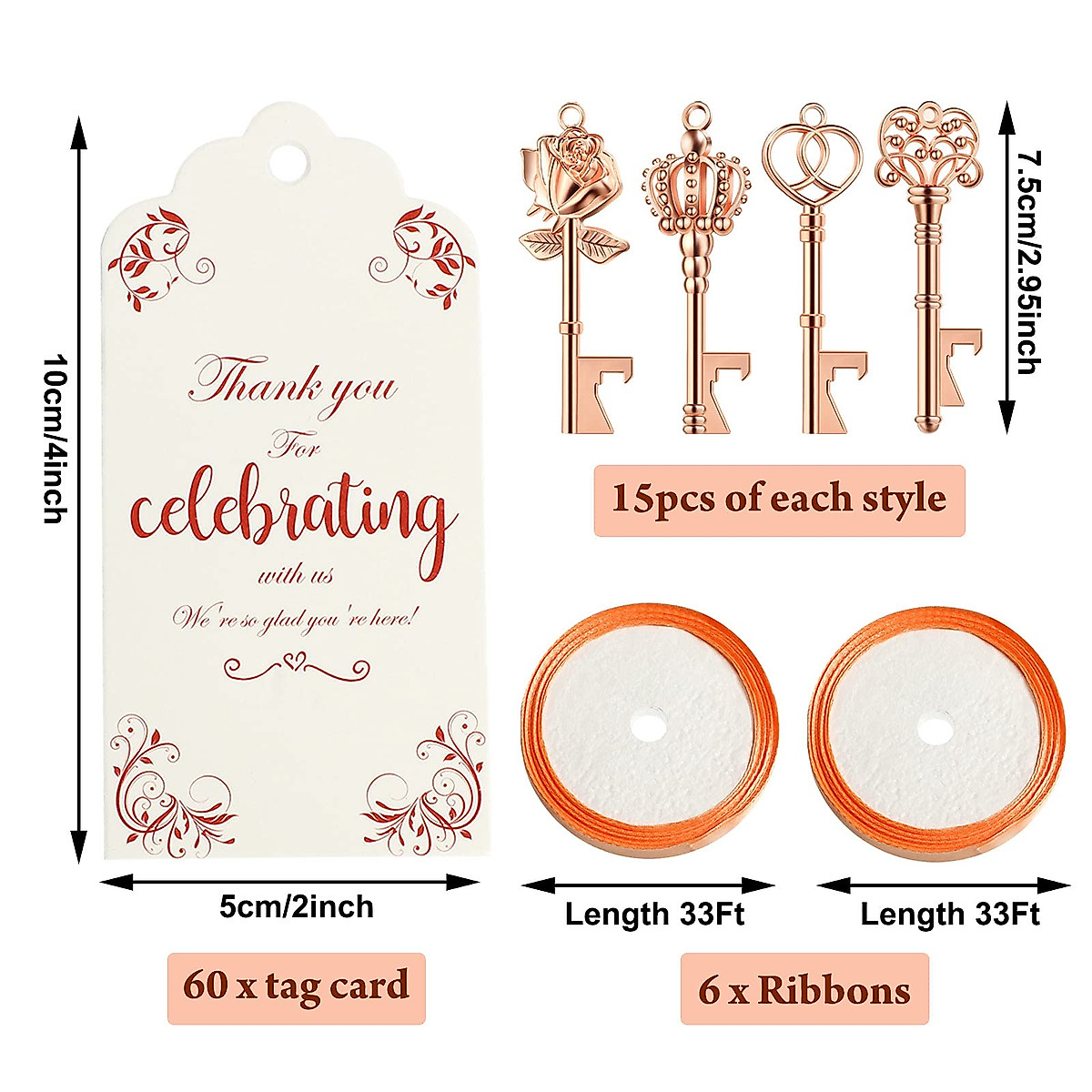 60 Pieces Key Bottle Opener with 60 Pieces Tag Rose Gold Skeleton Key Bottle Opener 4 Styles Include Crown, Heart, Sun Flower and Rose with 6 Rolls Ribbons for Wedding Bridal Shower Party Favor Gifts