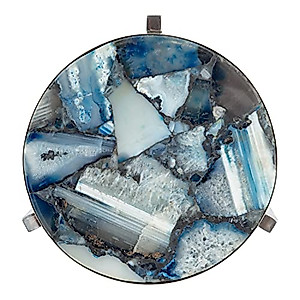 Kate and Laurel Aguilar Modern Round Drink Table, 8 x 8 x 23, Blue and Silver, Small Accent Table for Use as Plant Pedestal Stand with Agate Stone Tabletop
