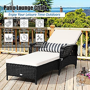 Tangkula Patio Wicker Chaise Lounge Chair, Outdoor Rattan Reclining Chaise w/ 6-Gear Adjustable Backrest, Thick Padded Cushion & Removable Lumbar Pillow, Ideal for Lawn, Beach, Balcony (Black)