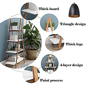 DKLGG 4-Tier Bookshelf Wooden Ladder Shelf Wooden Bookcase A- Shaped with Bamboo Frame, Freestanding Plant Stand Open Shelf, Decorative Plant Shelves for Living Room, Bedroom, Home Office(White)