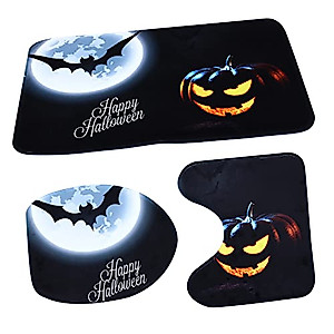 Zerodeko 3pcs Toilet Seat Three Piece Set Shower Curtain Set Suit Rugs Halloween Mat Set Halloween Bathroom Mat Creative Toilet Mat Black Water Proof Seat Toliet Cover