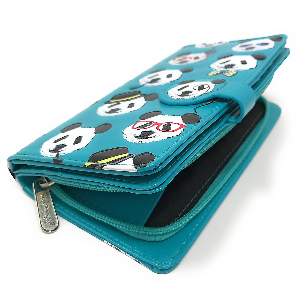 Shag Wear Panda Repeat Large Animal Wallet for Women and Teen Girls Vegan Faux Leather 7" Teal