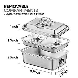 SUBRON Stainless Steel Bento Lunch Box for Adults with Secure Locks, 1800ML 3 Compartments 2 Layer Leak Proof Metal Insulated Lunch Food Containers