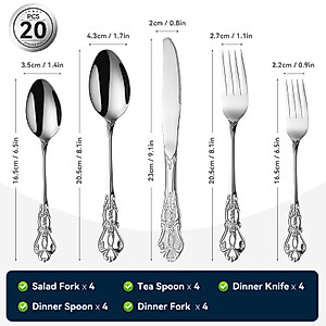 Silverware Set Service for 4, 20-Piece Premium Stainless Steel Flatware Set Includes Fork Spoon Knife, Gorgeous Cutlery Set, Anti-Rust Kitchen Utensils Set, Silver, Poylim