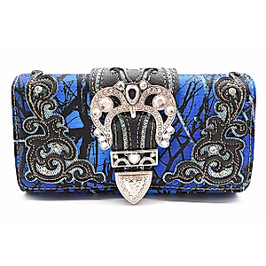 Camouflage Crown Buckle Western Style Purse Floral Shine Glow Country Handbag Women Shoulder Bag Crossbody Wallet Set (Blue)