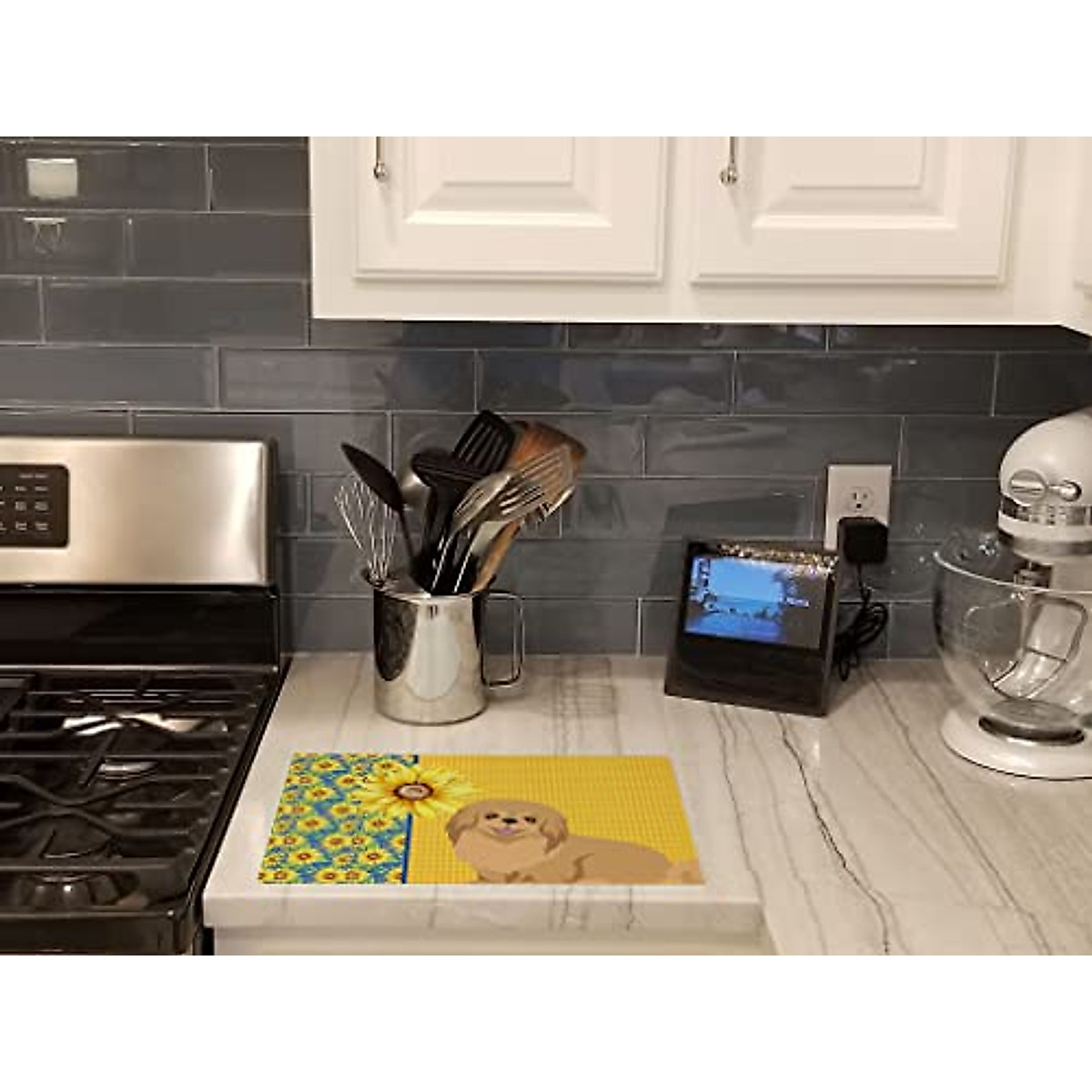 Caroline's Treasures WDK5454LCB Summer Sunflowers Gold Pekingese Glass Cutting Board Large Decorative Tempered Glass Kitchen Cutting and Serving Board Large Size Chopping Board