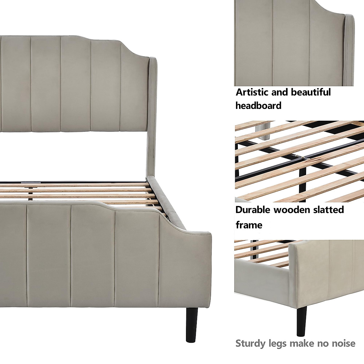 Bellemave Queen Size Upholstered Bed with Headboard and Footboard, Wood Queen Platform Bed Frame for Bedroom, Velvet Fabric, No Box Spring Needed (Queen, Gray)