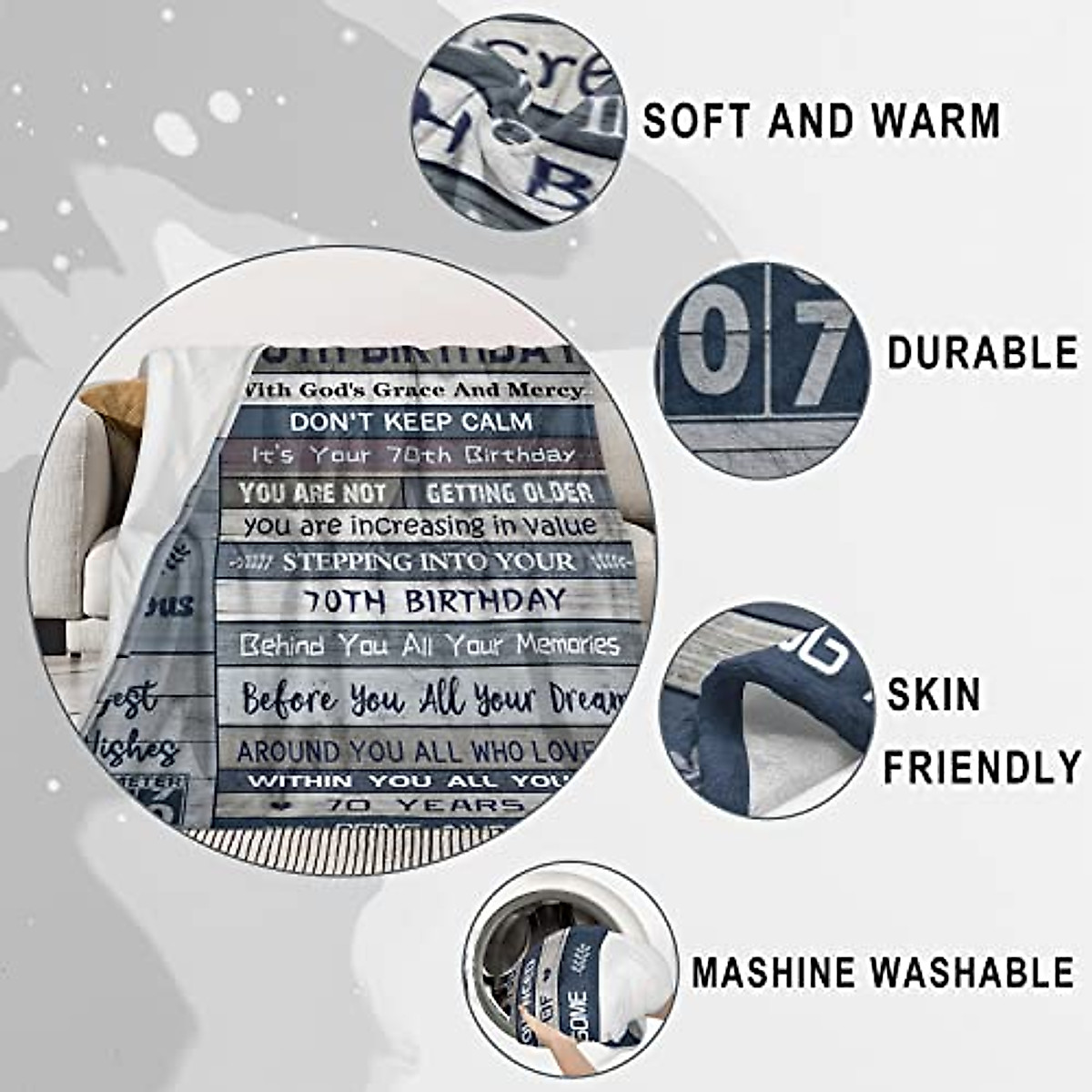 Nuritus 70th Birthday Gifts for Women Men, Best Gifts for 70 Year Old Woman, 70th Birthday Decorations for Women, 1953 Happy 70 Year Old Birthday Gifts for Men Blanket 50"x60"