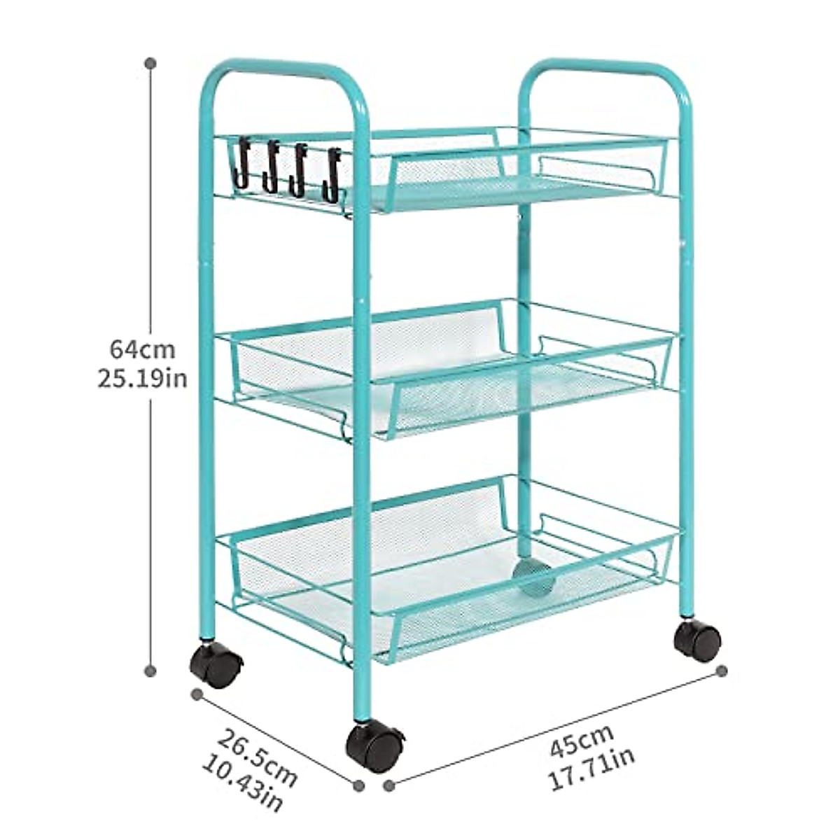 Ruishetop Rolling Push Cart Stand Shelves, Storage Rack with Wheels with Mesh Wire Basket, Multifunction Metal Trolley Organizer for Home, Office, Bedroom, Bathroom, Kitchen (3-Tier Rack Blue)
