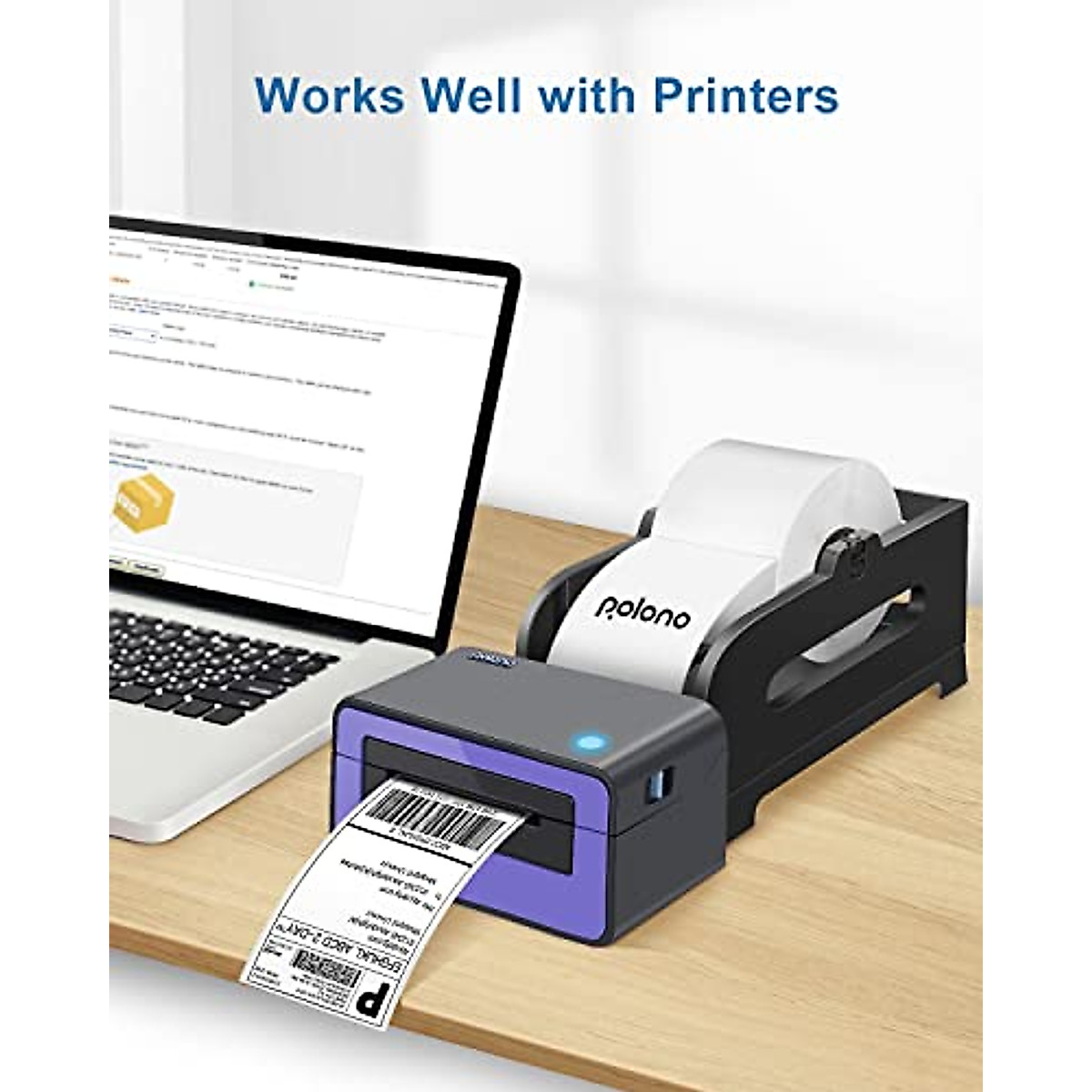 POLONO Shipping Label Printer, 4x6 Thermal Label Printer for Shipping Packages, Commercial Direct Thermal Label Maker, Label Holder, Thermal Label Holder for Fan-Fold and Roll Labels