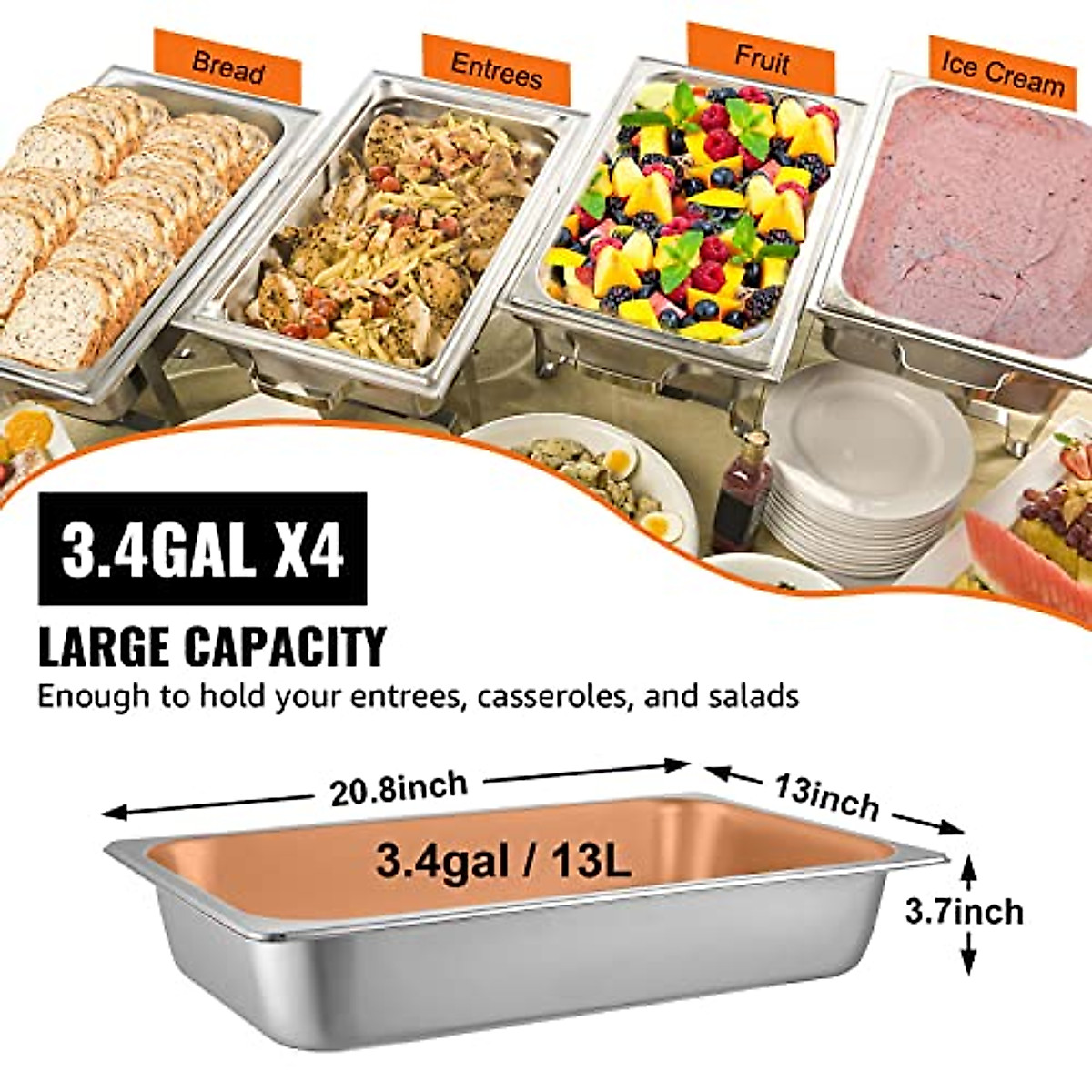 Mophorn 4 Pack Hotel Pan 3.7" Deep Steam Table Pan Full Size with Lid 20.8" L x 13" W Hotel Pan 22 Gauge Stainless Steel Anti Jam Steam Table Pan