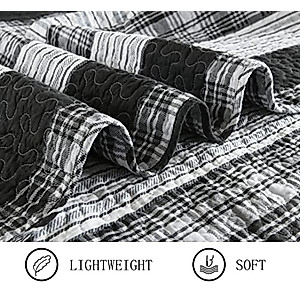 YUMIYUSHI Quilt King Size - Cotton King Quilt Set,White Black Gray Striped Plaid King Quilt Bedding Set,Farmhouse Patchwork Bedspreads,Lightweight Reversible Comforter for All Season,3-Piece