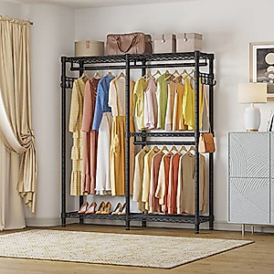 VIPEK V4 Garment Rack Bedroom Armoires Compact Freestanding Closet Storage Organizer, Portable Wardrobe Closet Heavy Duty Clothes Rack Metal Clothing Rack with 3 Hanging Rods & 2 Side Hooks, Black