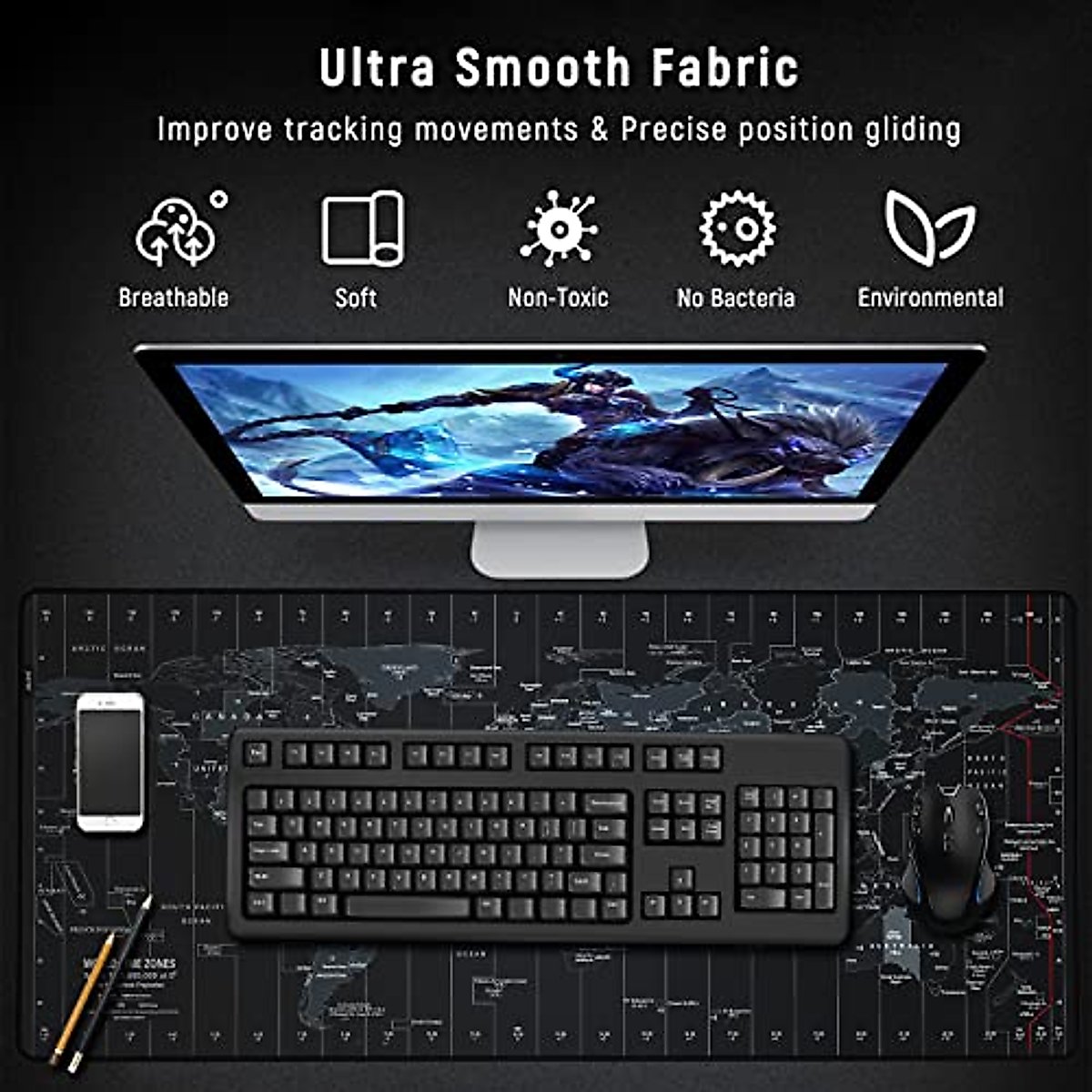 JIALONG New Upgraded Version Large Mouse Pad Desk Mat Comfortable Mousepad with Personalized Design Extended Size 35.4 X 15.7X 0.12 inches for Laptop, Computer and PC - Black World Map
