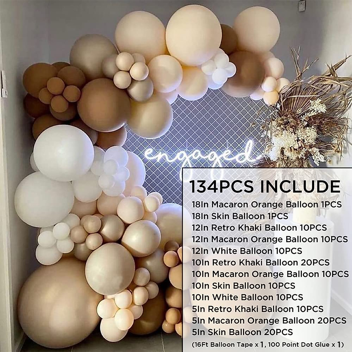 Retro Khaki Balloon Arch Kit 134PCS Balloons 18In 12In 10In 5In Retro Khaki Skin Macaron Orange White Balloon Garland Kit For Festival Picnic Family Engagement,Wedding, Birthday Party,baby shower,Retro Theme Anniversary Celebration