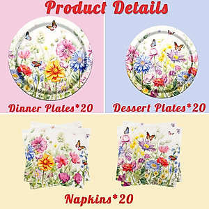 CMUSKO Wildflower Party Decorations, 60Pcs Floral Paper Plates Napkins Table Decorations, Wildflower Decor Tableware Set for Spring Summer Birthday Baby Shower Bridal Shower Garden Tea Party
