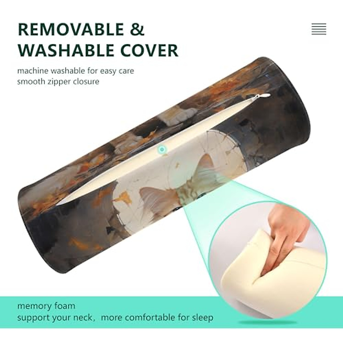 xigua Cat Neck Roll Pillow for Neck Relief with Removable Washable Cover - Memory Foam Round Cylinder Bolster, Ergonomically Designed for Head, Neck, Back, and Legs