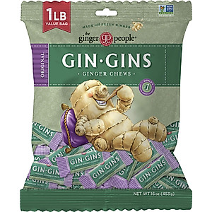 GIN GINS Original Chewy Ginger Candy by The Ginger People® - Anti-Nausea and Digestion Aid, Individually Wrapped Healthy Candy - Original Ginger Flavor, Large 1 lb Bag (16oz) - Pack of 1