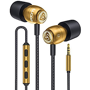 LUDOS CLAMOR Wired Earbuds in-Ear Headphones, 5 Years Warranty, Earphones with Microphone, Noise Isolating Ear Buds, Memory Foam for iPhone, Samsung, School Students, Kids, Women, Small Ears - Gold